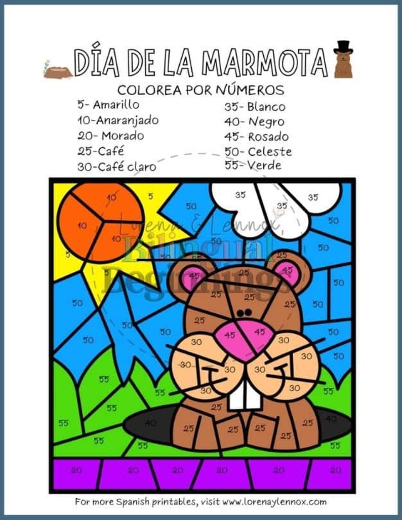 Groundhog Day Color by Number Printables in Spanish (6) - Etsy