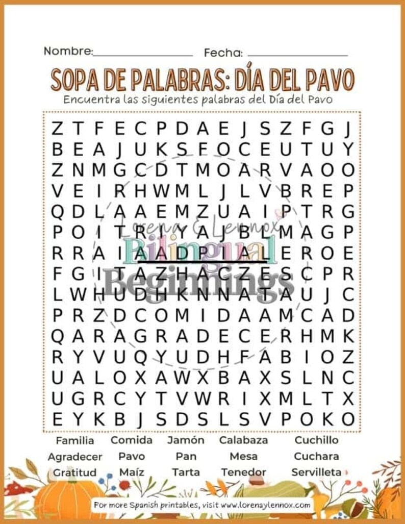 Thanksgiving Word Search in Spanish - Etsy