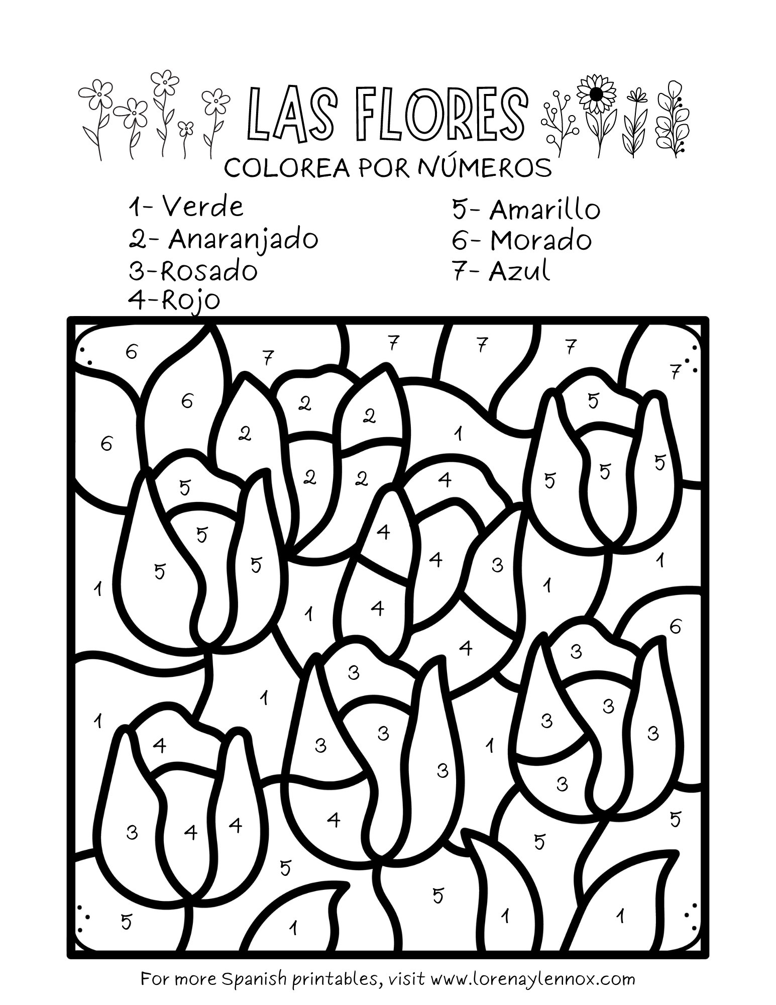 Flower Color by Number Coloring Pages in SPANISH - Etsy