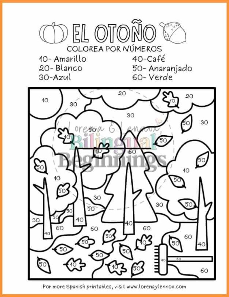 Color by Number Fall Worksheets in Spanish - Etsy