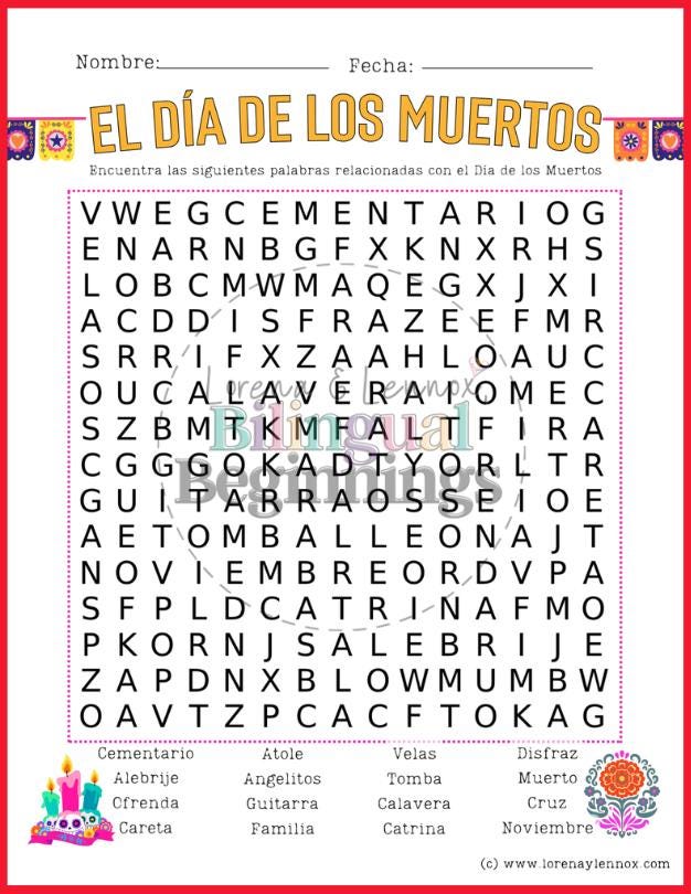 Day of the Dead Word Search in Spanish - Etsy