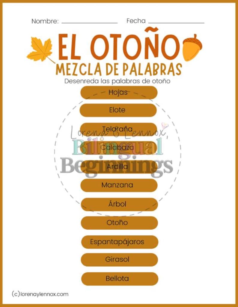 Fall Word Scramble in Spanish - Etsy