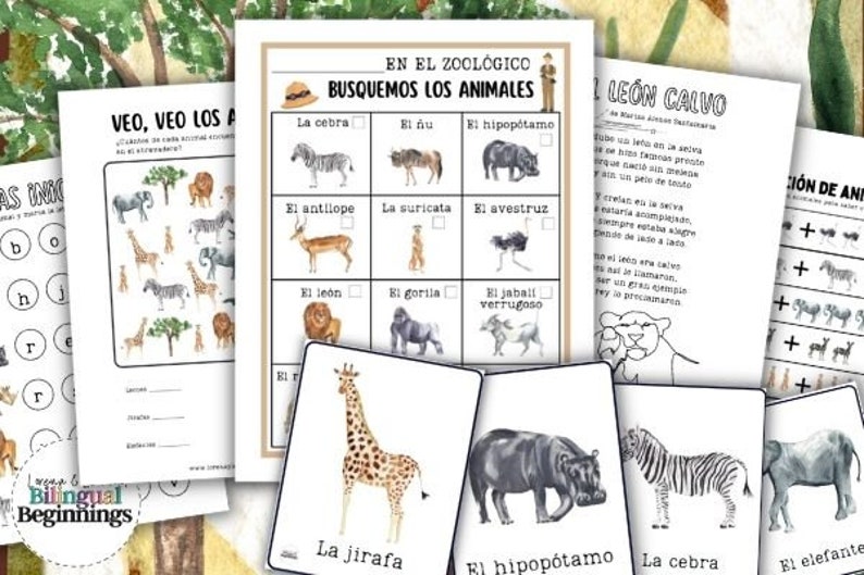 Zoo Animals Printable Worksheets & Flashcards in Spanish - Etsy
