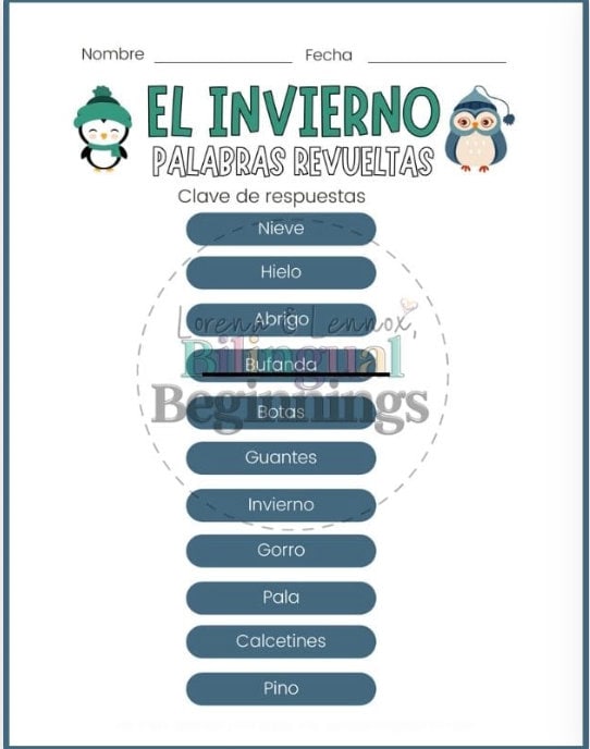 Winter Word Scramble Printable in Spanish - Etsy