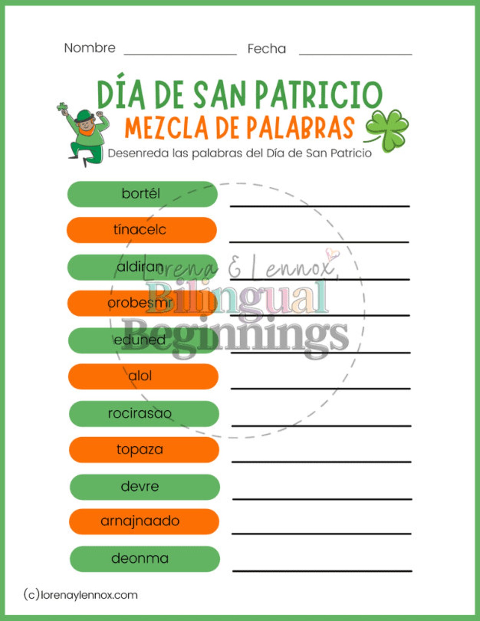 St. Patrick's Day Word Scramble in Spanish - Etsy