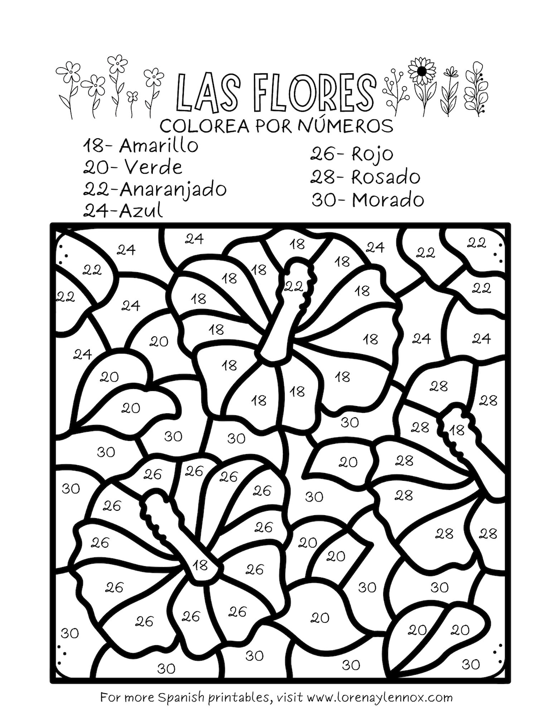 Flower Color by Number Coloring Pages in SPANISH - Etsy