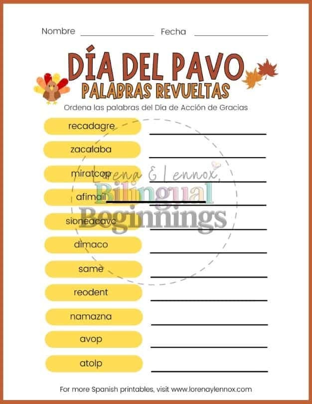 Thanksgiving Word Scramble Printable in Spanish - Etsy
