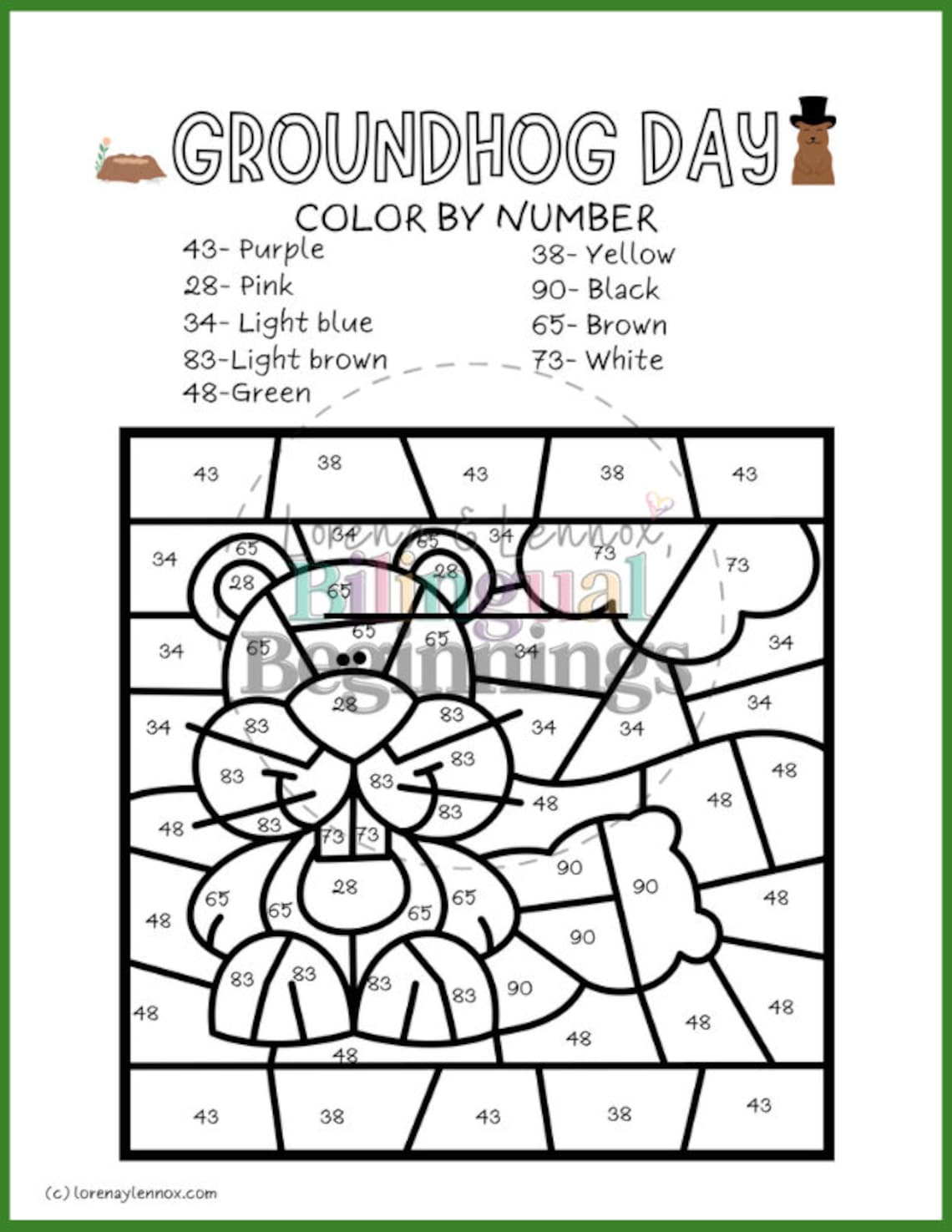 Groundhog Day Color by Number Printables english - Etsy