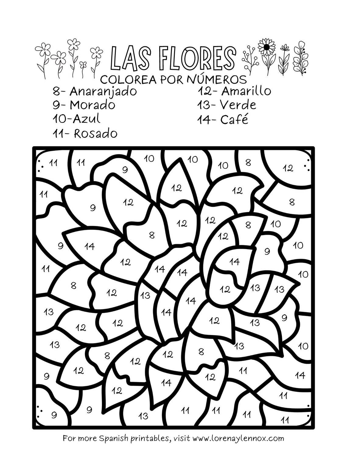 Flower Color by Number Coloring Pages in SPANISH - Etsy