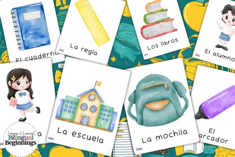 Back to School Flashcards in Spanish - 23 Watercolor Cards - Etsy