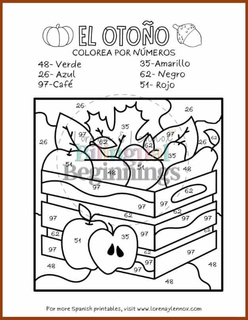 Color by Number Fall Worksheets in Spanish - Etsy