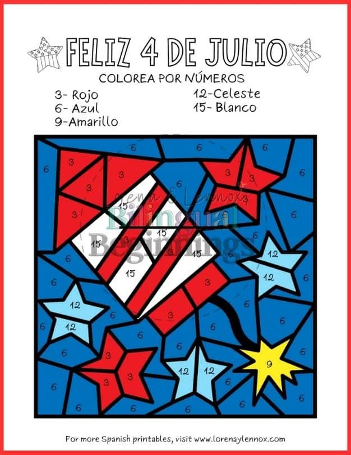 4th of July Color by Number Pages in Spanish - Etsy