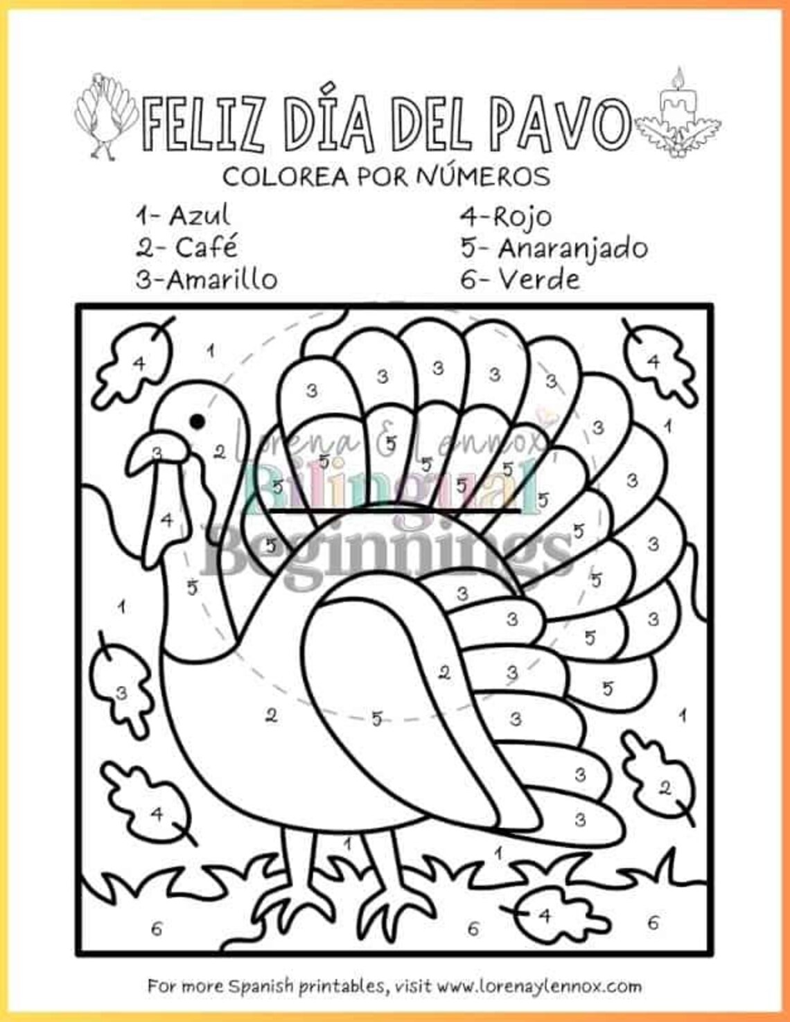 Thanksgiving Color by Number Pages in Spanish - Etsy