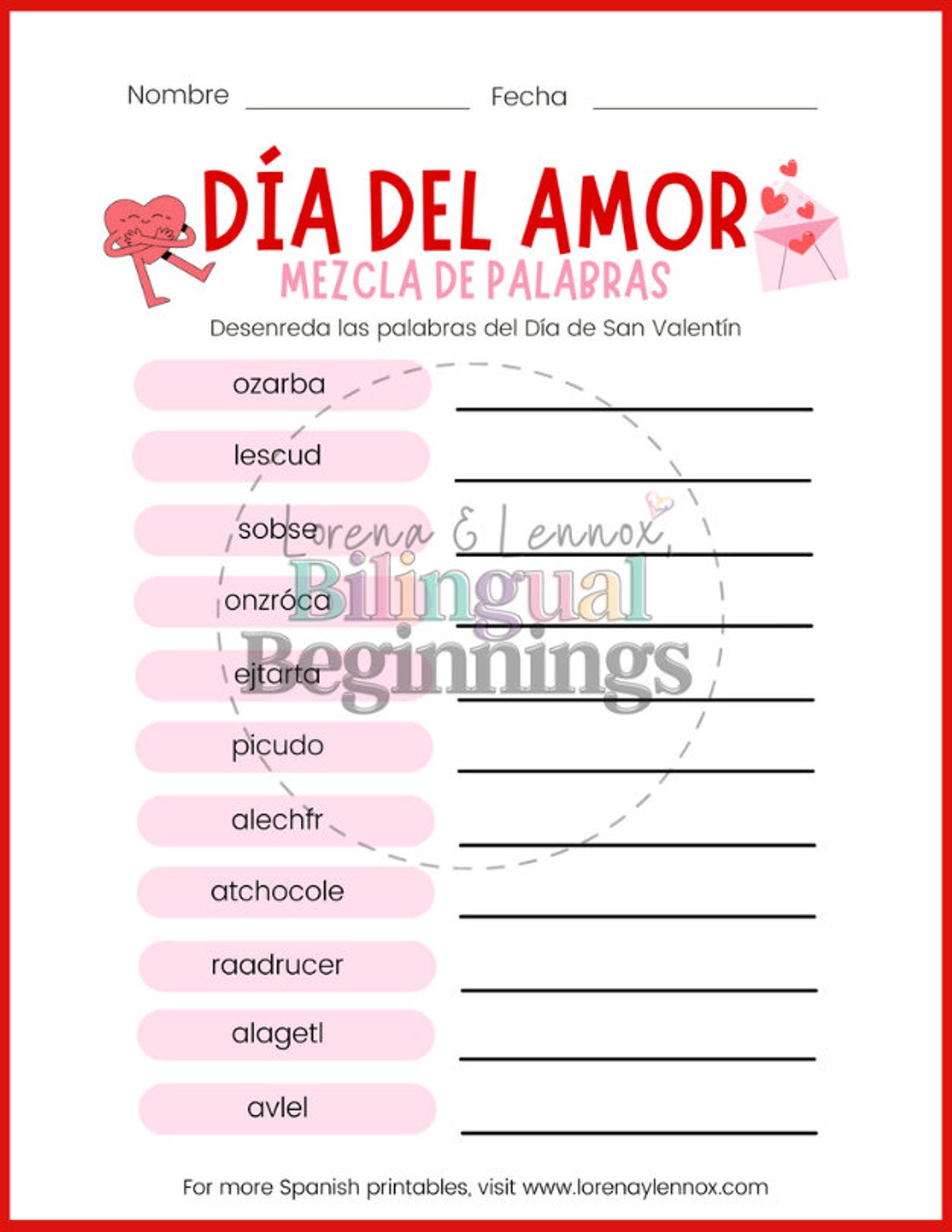 Valentine's Day Word Scramble in Spanish - Etsy
