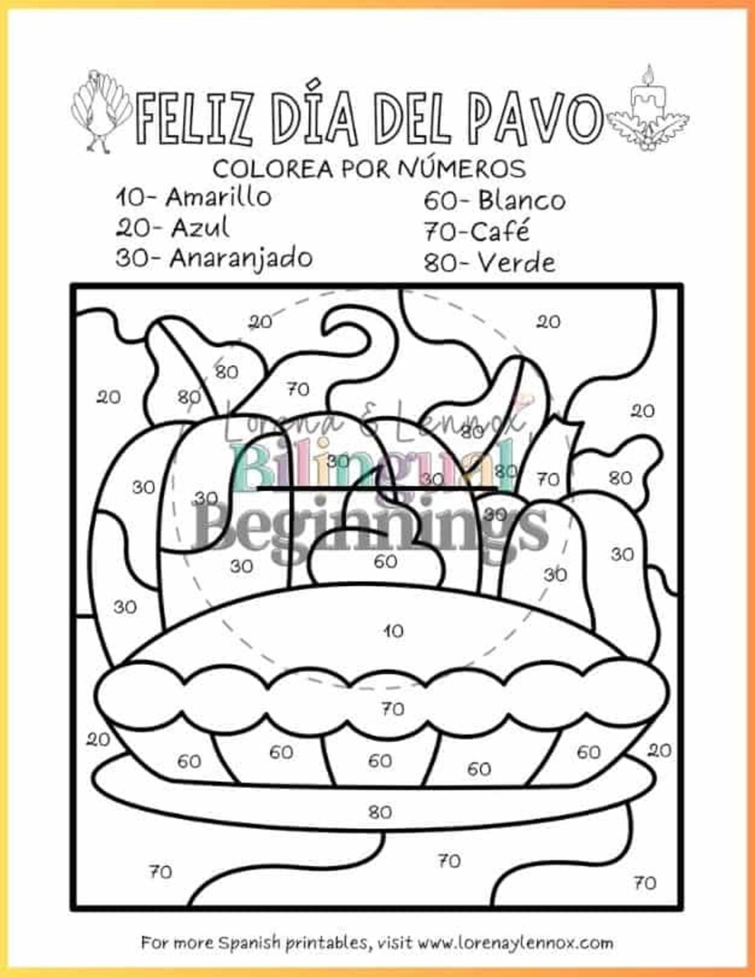 Thanksgiving Color by Number Pages in Spanish - Etsy