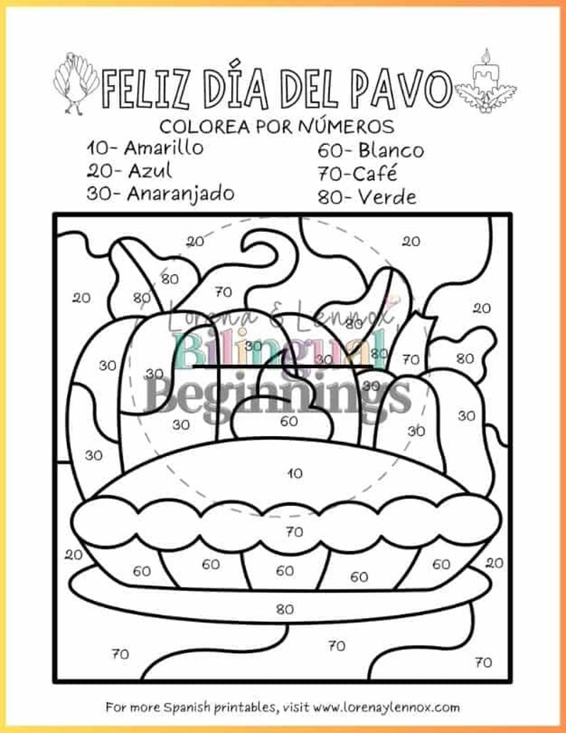 Thanksgiving Color by Number Pages in Spanish - Etsy