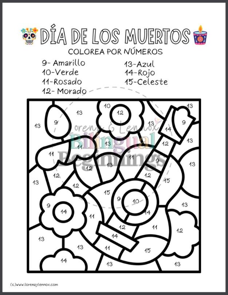 8 imprimibles para colorear por números del Día de los Muertos en ...