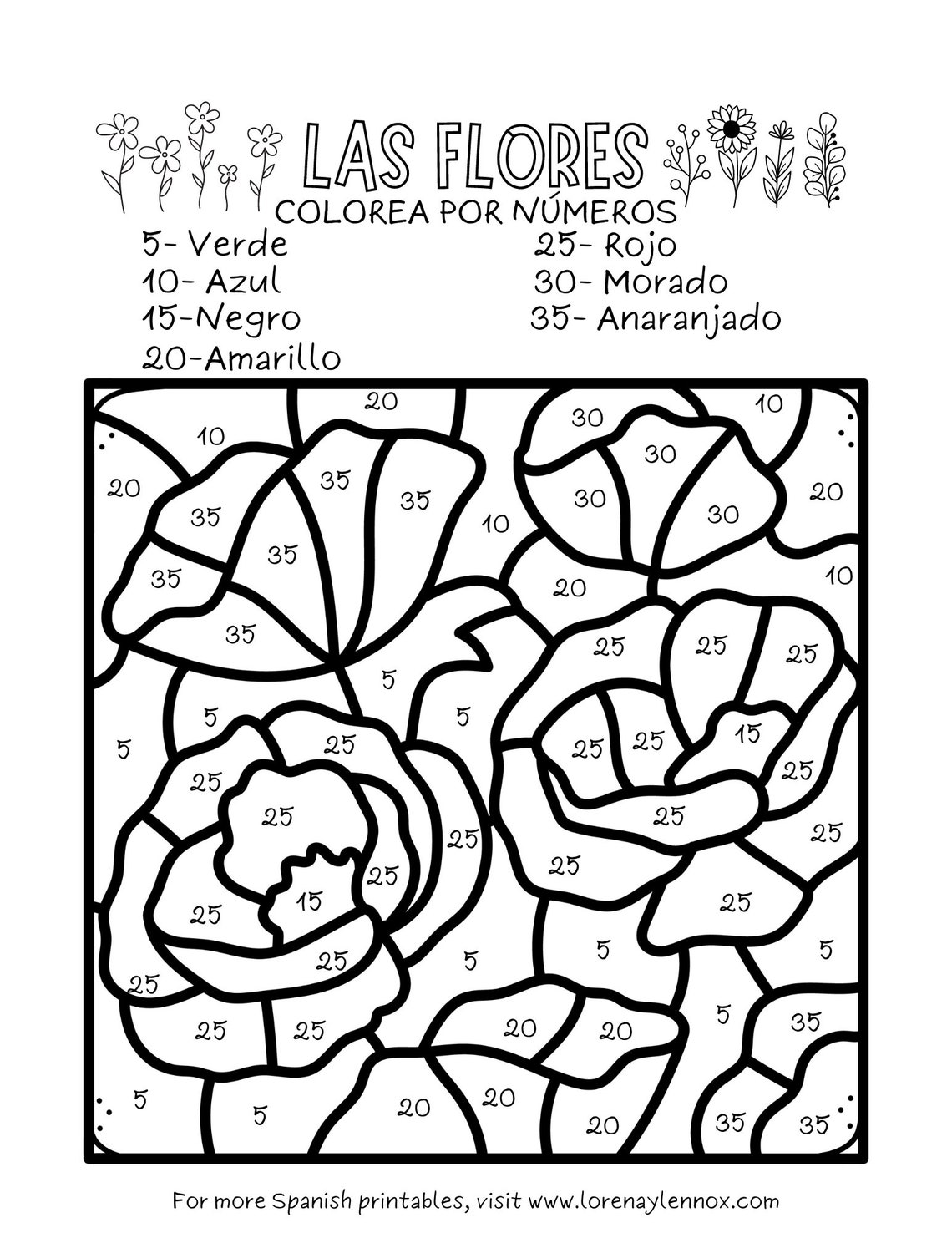 Flower Color by Number Coloring Pages in SPANISH - Etsy