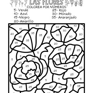 Flower Color by Number Coloring Pages in SPANISH - Etsy