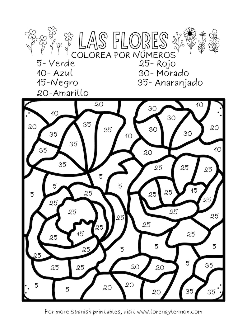 Flower Color by Number Coloring Pages in SPANISH - Etsy