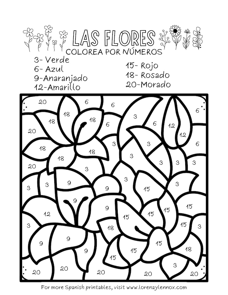 Flower Color by Number Coloring Pages in SPANISH - Etsy