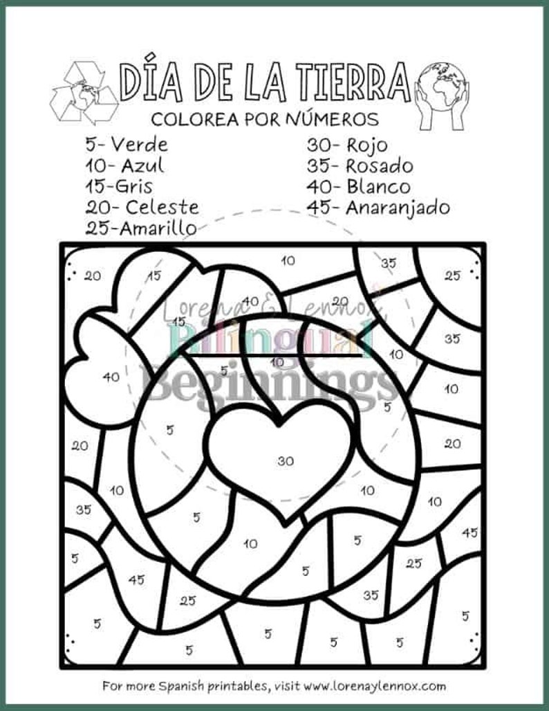 Earth Day Color by Number Printables in Spanish - Etsy