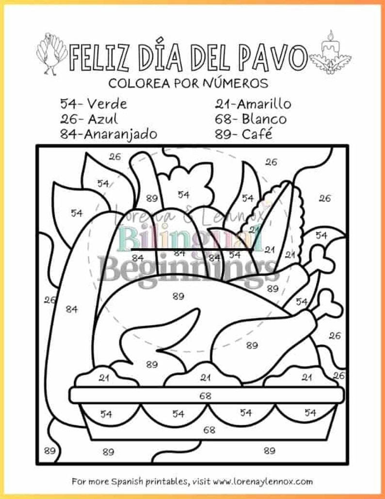 Thanksgiving Color by Number Pages in Spanish - Etsy