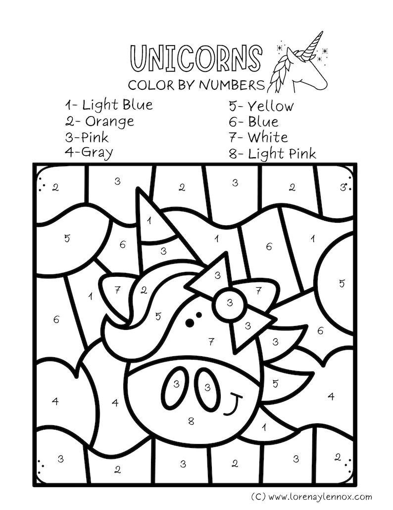 Color by Number Unicorn Coloring Pages in English - Etsy