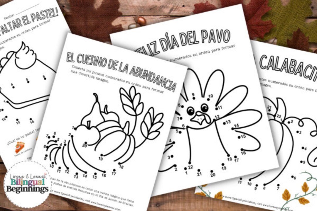 5 Thanksgiving Dot to Dot Printable Worksheets in Spanish - Etsy