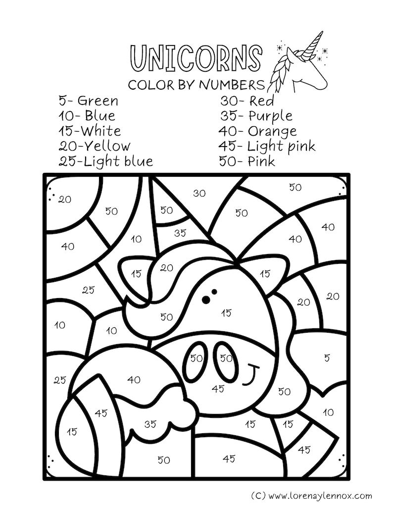 Color by Number Unicorn Coloring Pages in English - Etsy