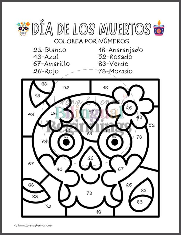 8 imprimibles para colorear por números del Día de los Muertos en ...
