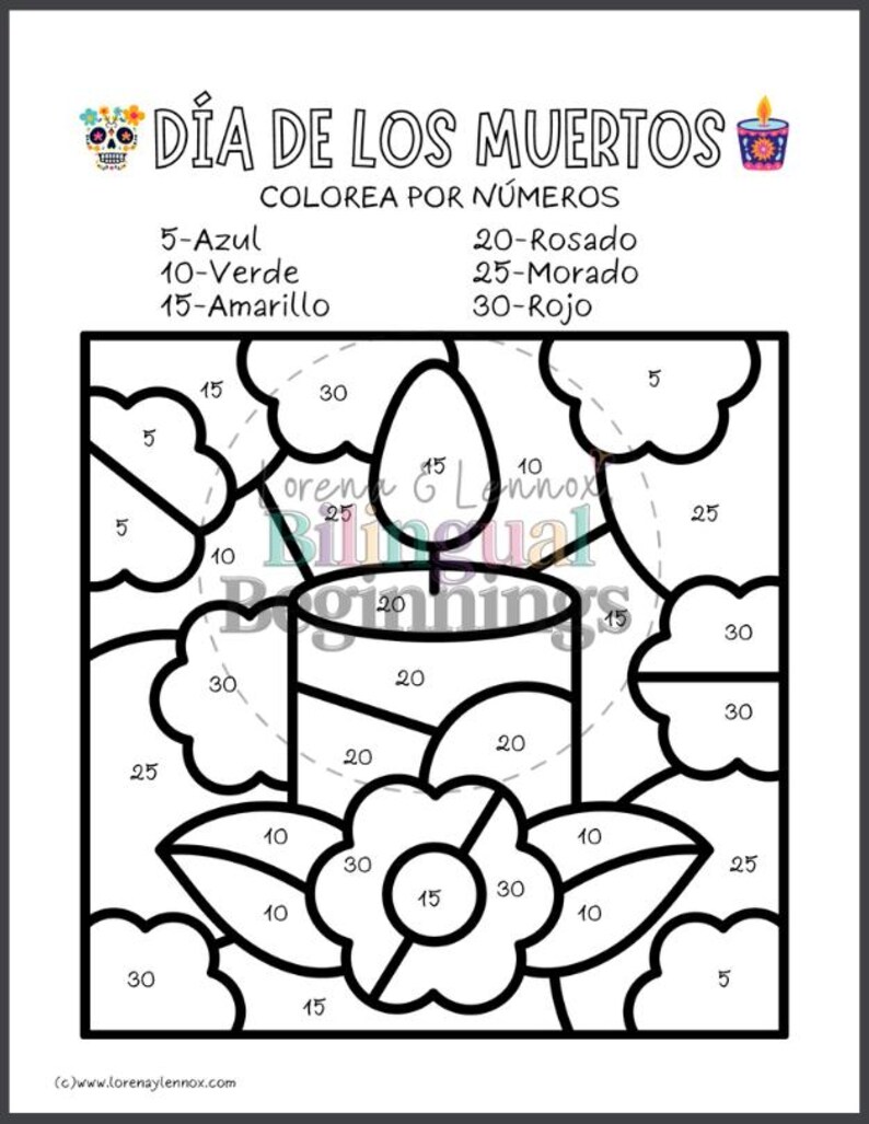 8 imprimibles para colorear por números del Día de los Muertos en ...