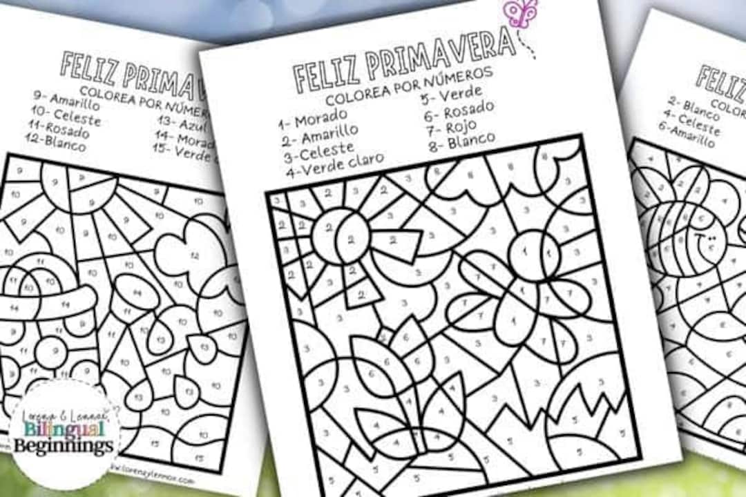 Spring Color by Number Worksheets in Spanish - Etsy