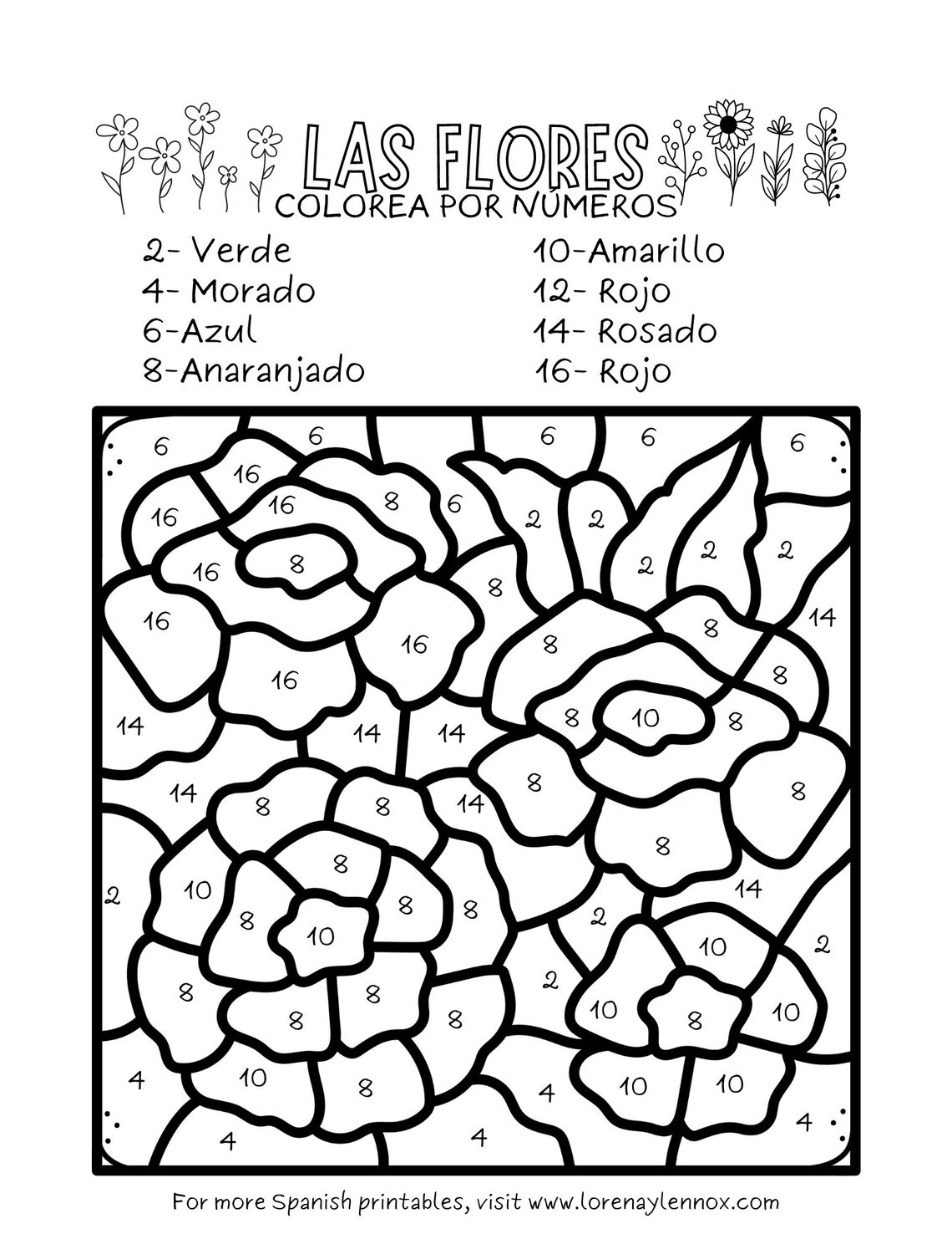Flower Color by Number Coloring Pages in SPANISH - Etsy
