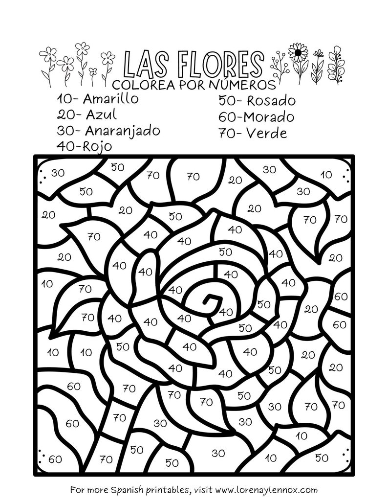 Flower Color by Number Coloring Pages in SPANISH - Etsy