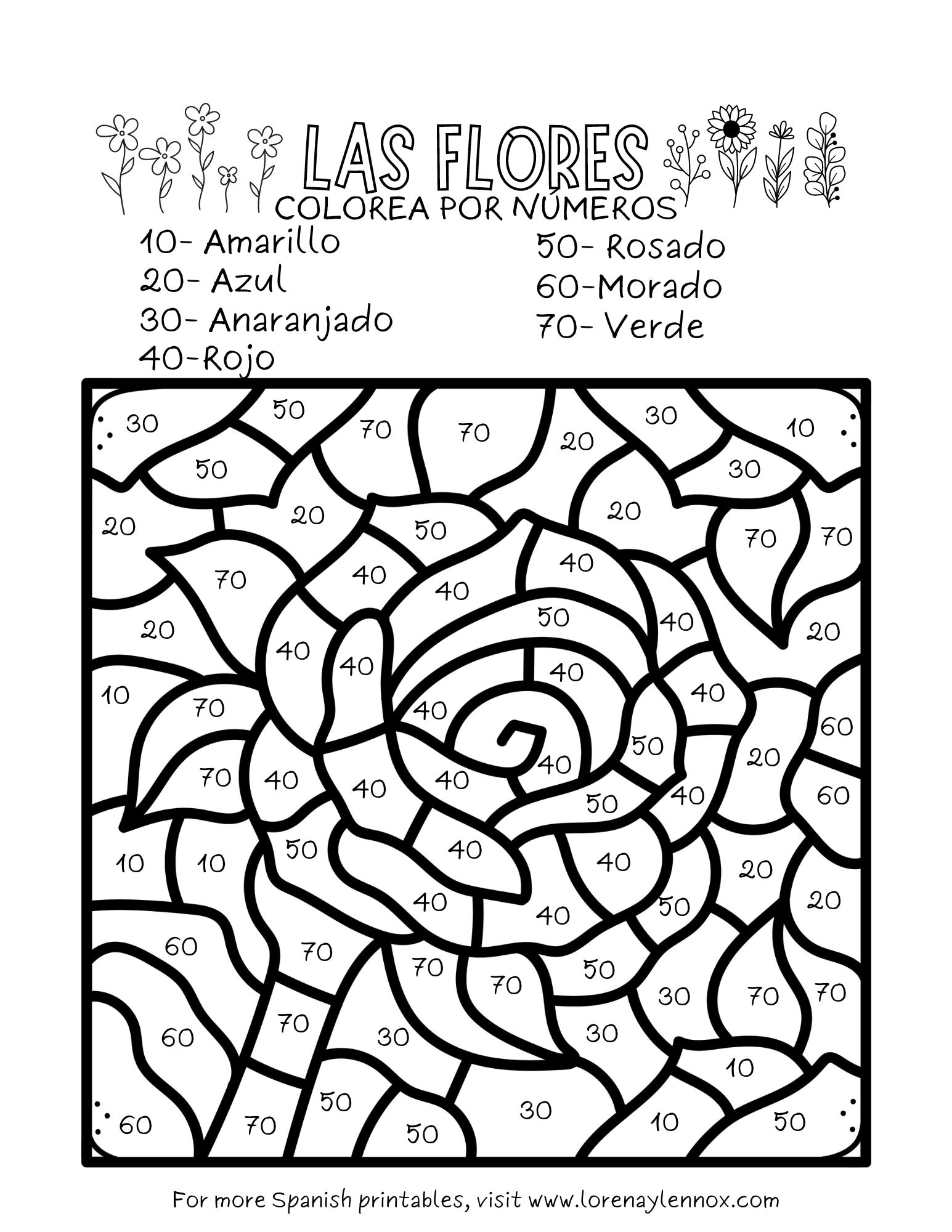 Flower Color by Number Coloring Pages in SPANISH - Etsy