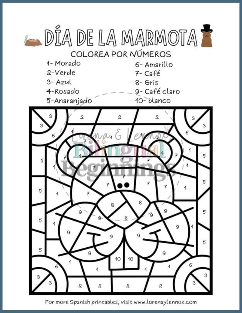 Groundhog Day Color by Number Printables in Spanish (6) - Etsy