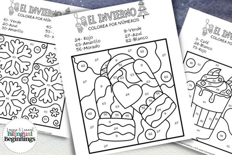 10 páginas para colorear por números en invierno en español - Etsy México