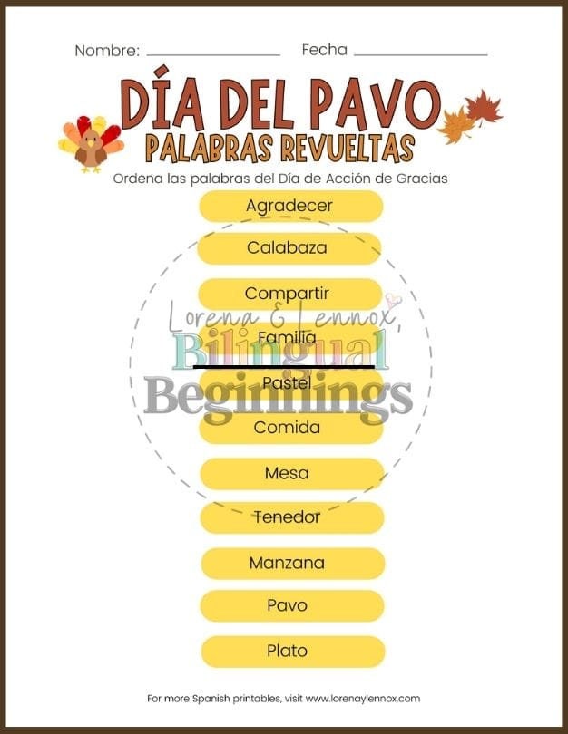 Thanksgiving Word Scramble Printable in Spanish - Etsy