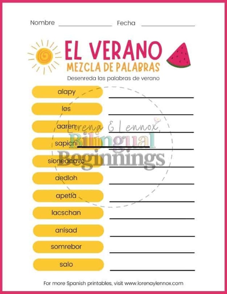 Hoja de trabajo imprimible de Word Scramble de verano en español - Etsy ...