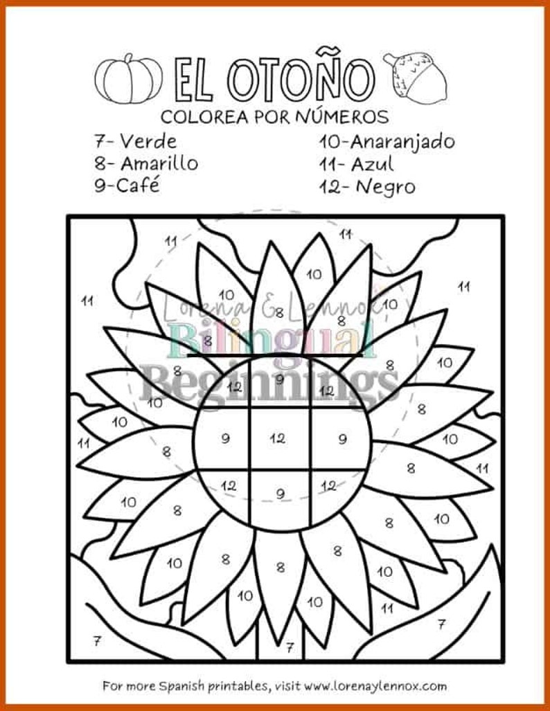 Color by Number Fall Worksheets in Spanish - Etsy