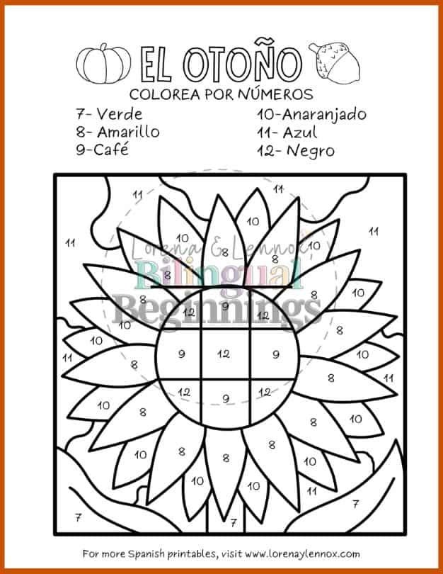Color by Number Fall Worksheets in Spanish - Etsy