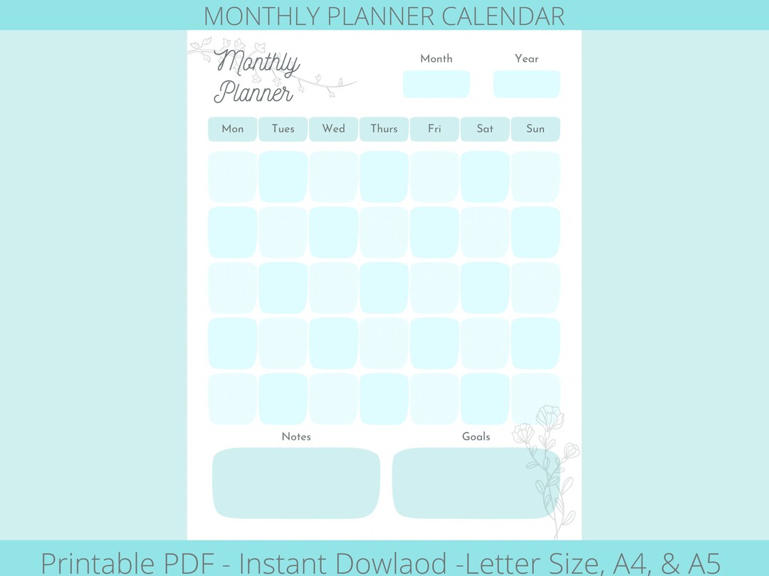 Monthly Planner Calendar Printable, Printable PDF File, Planner ...
