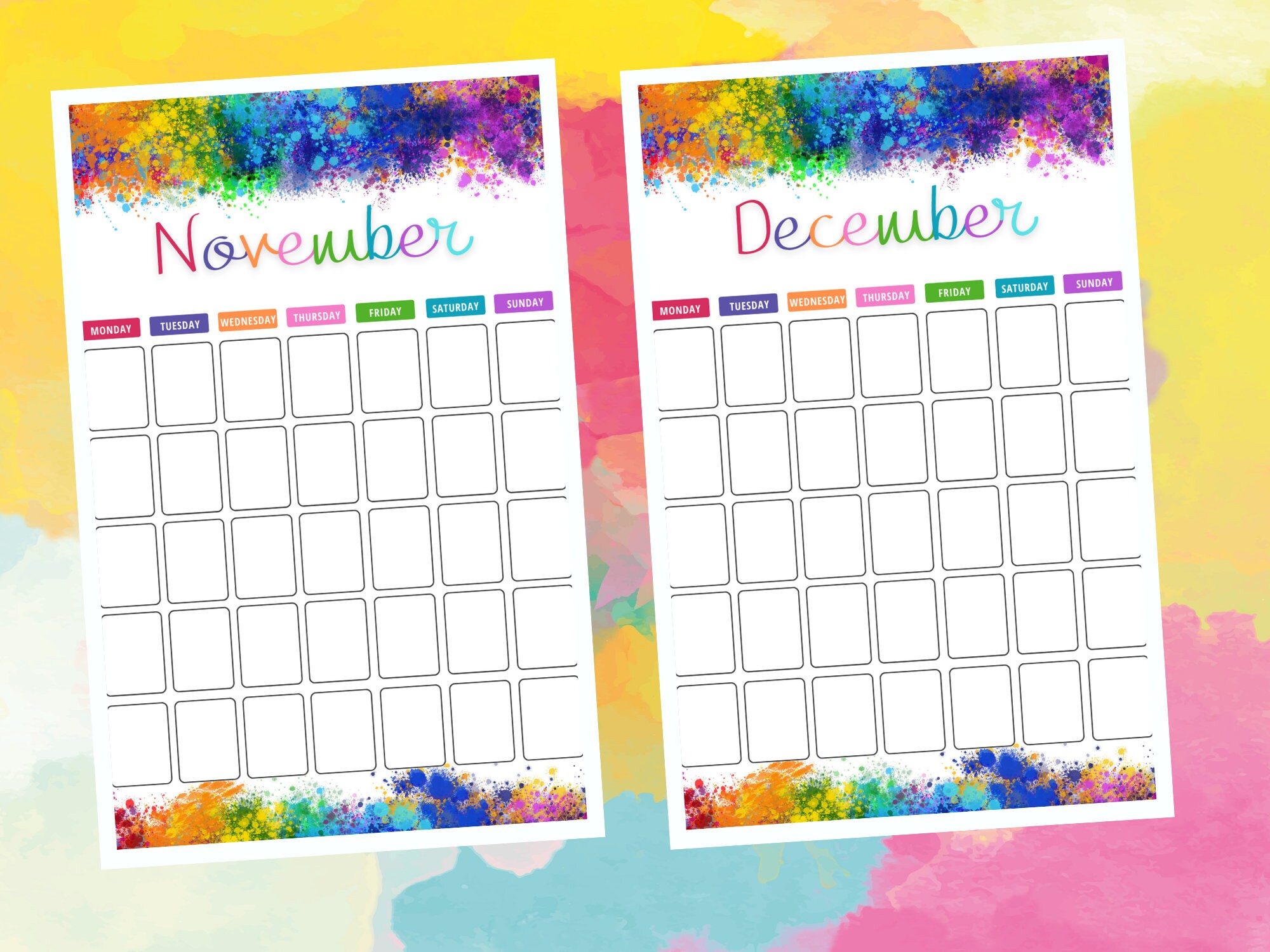 Paint Splatter Blank Monthly Calendar Printable - Etsy