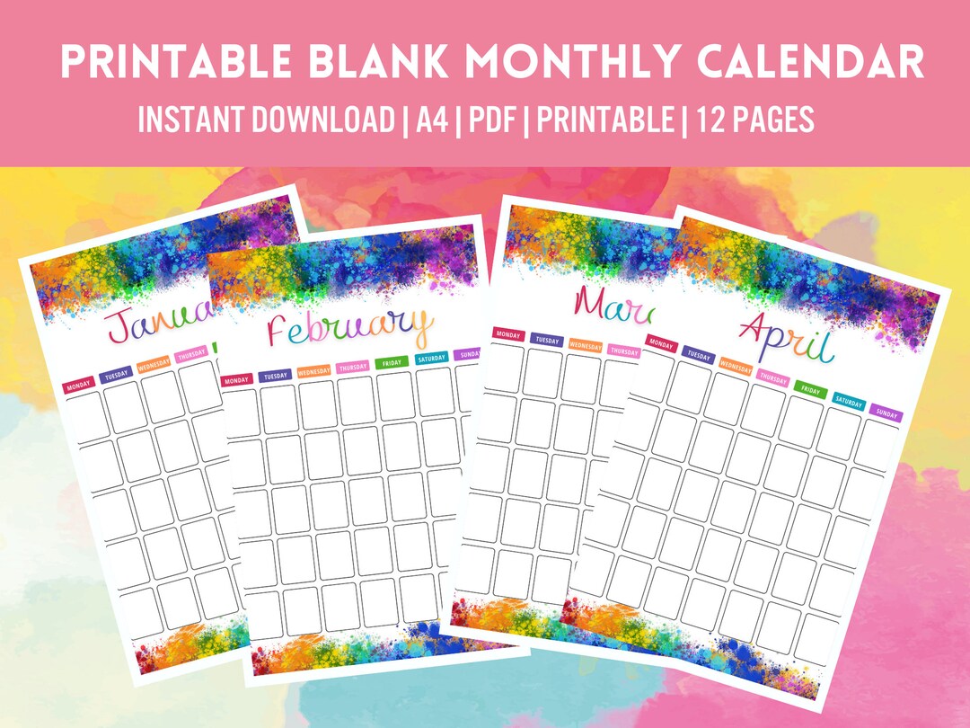 Paint Splatter Blank Monthly Calendar Printable - Etsy