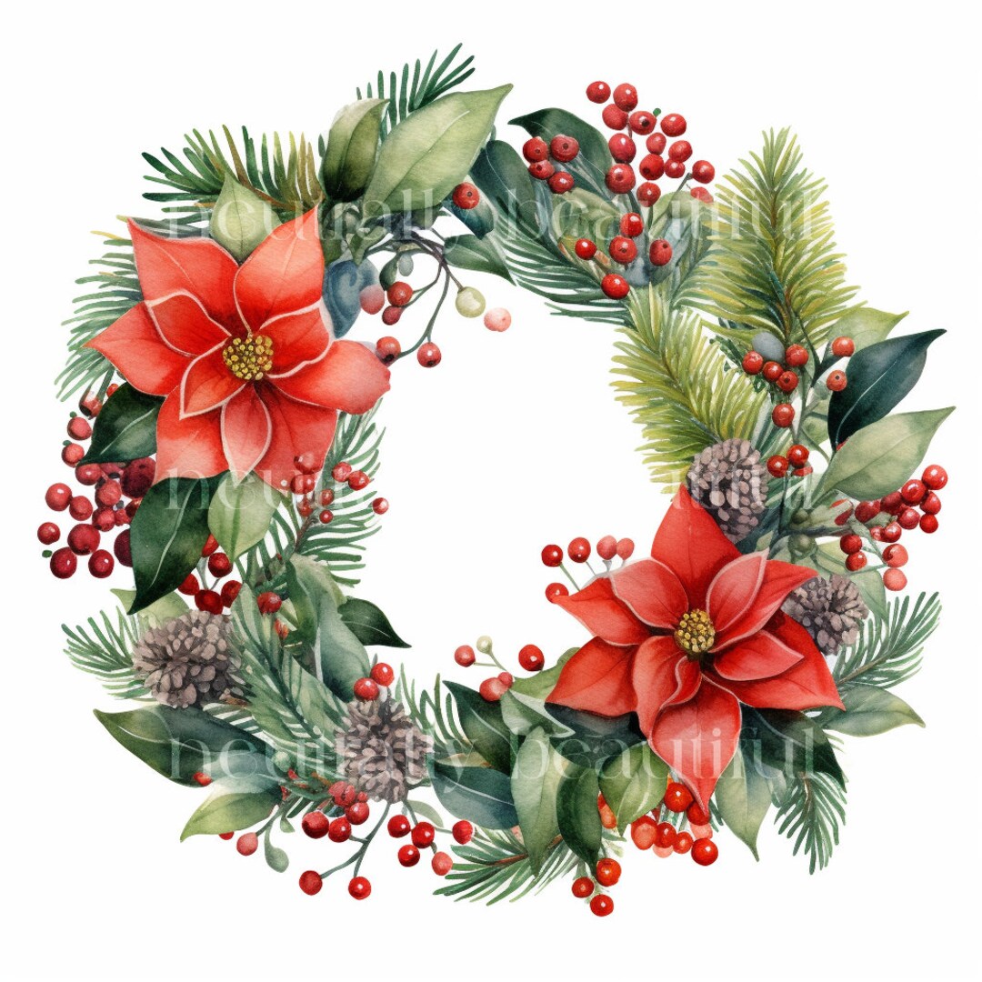 Christmas Wreaths Watercolour Clipart - 12 Downloadable Jpgs - Festive ...