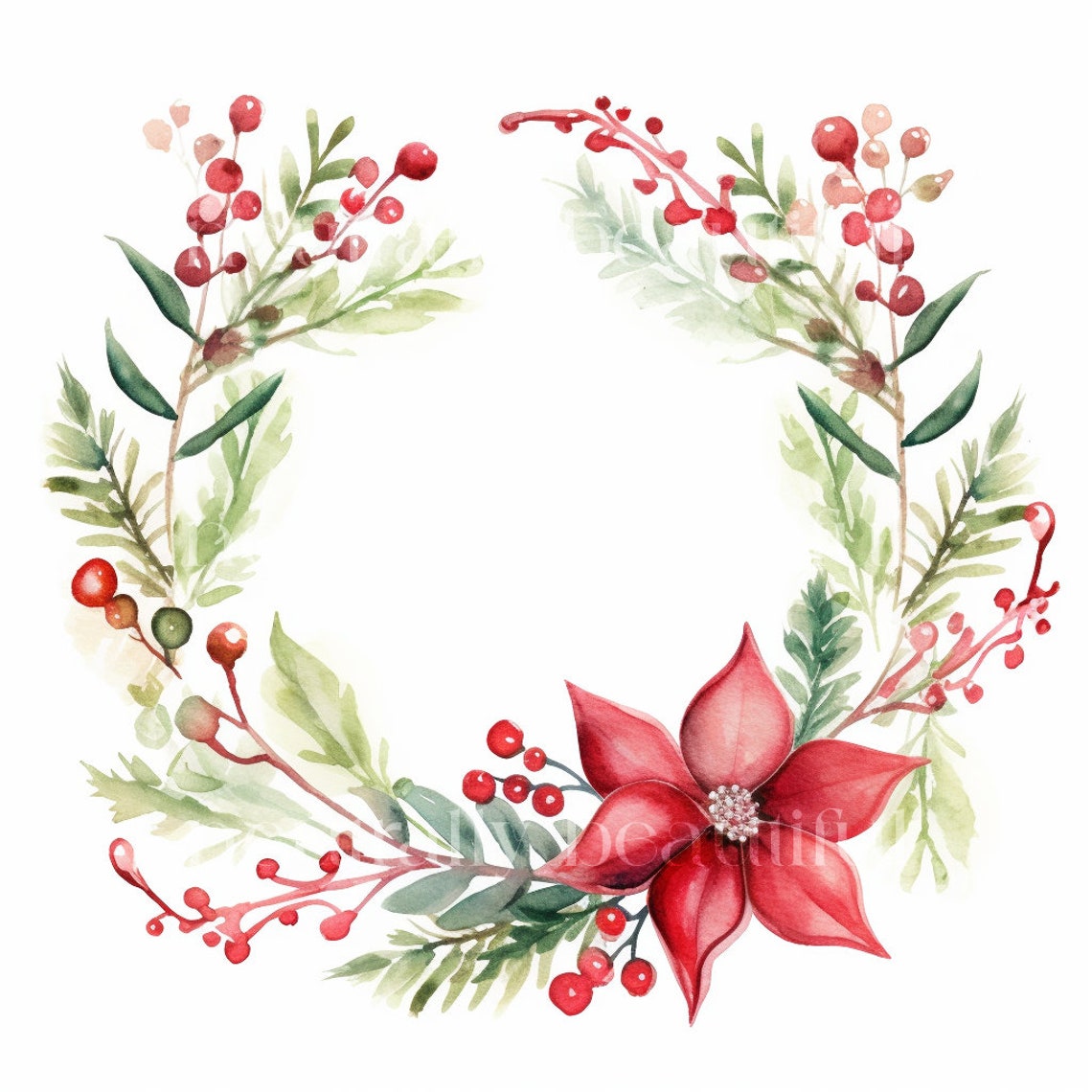 Red Christmas Wreath Watercolour Clipart - 10 High Quality Downloadable ...