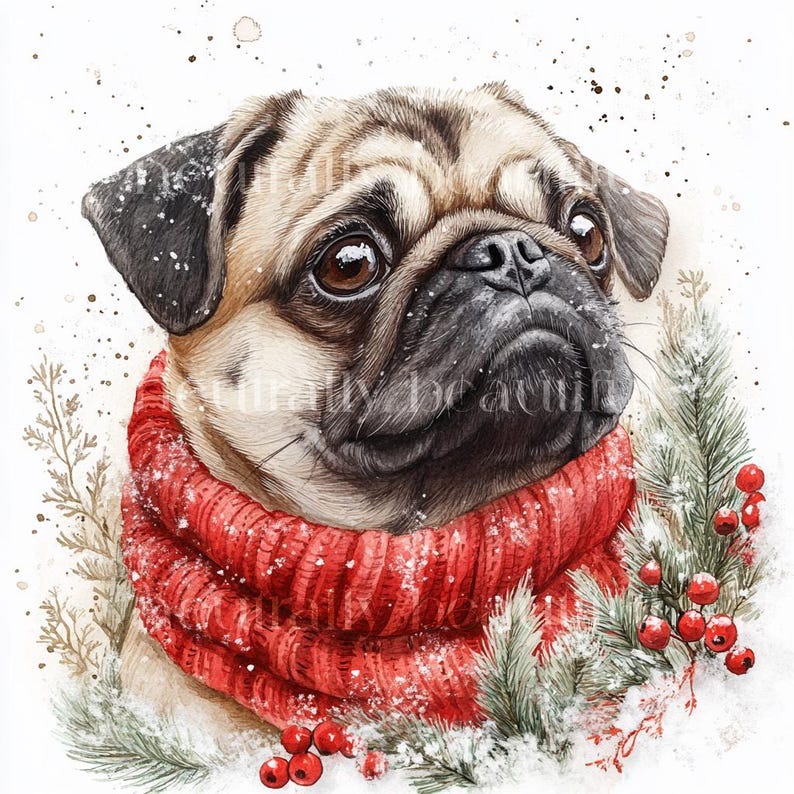 12 X Pug Dogs at Christmas Clipart Bundle - High Quality Jpgs Dog ...