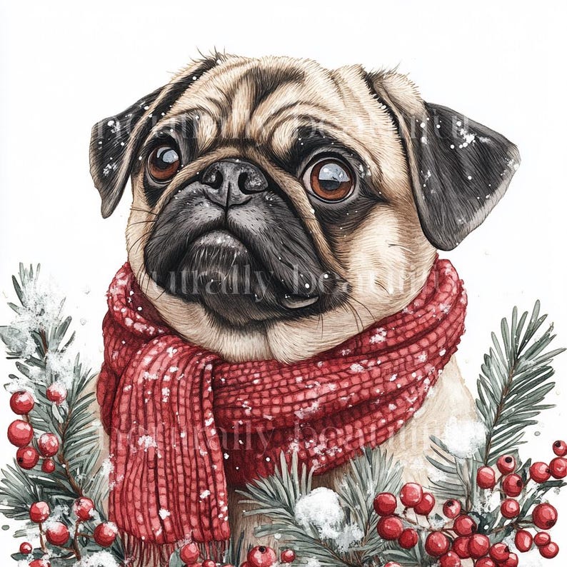12 X Pug Dogs at Christmas Clipart Bundle - High Quality Jpgs Dog ...