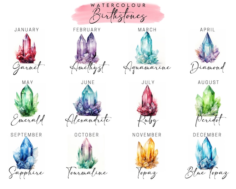 Watercolour Birthstone Crystals Downloadable Clipart - 24 Jpgs ...